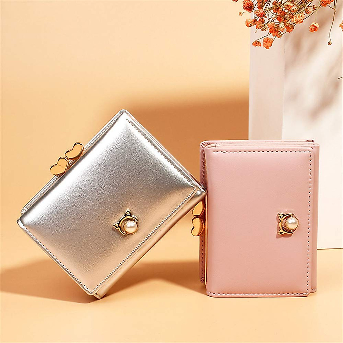 JIUFENG Women Short Wallet Trifold Korean Fashion Multifunctional Pearl Coin Wallet Card Holder (Gray)