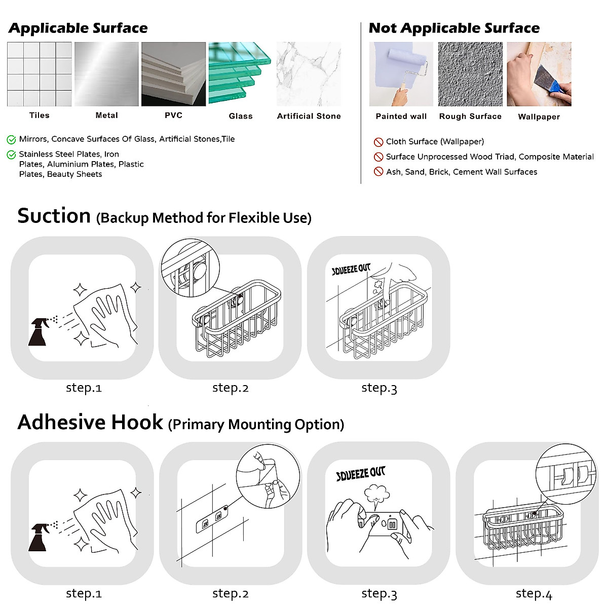 SunnyPoint NeverRust Deluxe Kitchen Sink Suction Holder for Sponges, Scrubbers, Soap, Kitchen, Bathroom, 304 Stainless Steel (Brushed Texture, 7.4 x 3.3 x 2.75 Inch)(Sponge & Brush NOT Included)