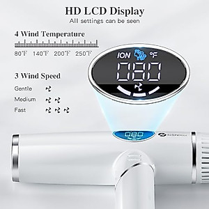 Hair Dryer, slopehill Professional Foldable Blow Dryer, Ionic Hairdryer, High-Speed Blowdryer for Fast Drying, Portable Compact for Travel, Magnetic Diffuser & Nozzle, LCD Display