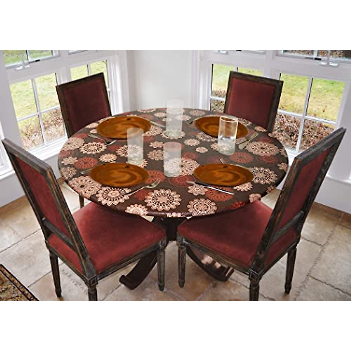 LAMINET Elastic Fitted Table Cover - Medallion - Large Round - Fits Tables up to 45-56” Diameter