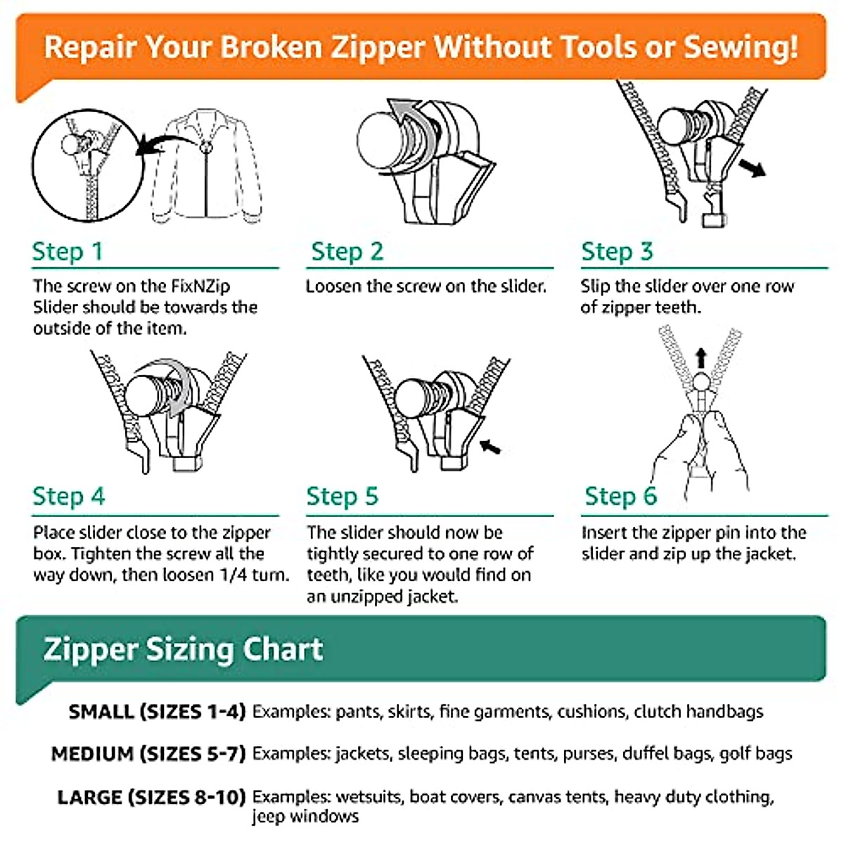 FixnZip (Medium, Black Nickel) - See Size Guide - Universal Zipper Repair Kit for Jackets, Luggage, Bags - Backpack Zipper Replacement Repair Kit - Instant Zipper Fix - Made in The USA…