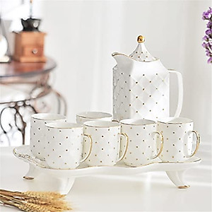LDCHNH 8 Pieces of White Porcelain Coffee Tea Set with Gold Dots Ceramic Teapot Storage Tray Kitchen Tableware Home Decoration (Color : D, Size