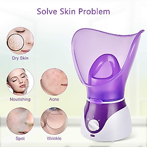 Facial Steamer for Face, Face Steamer for Facial Deep Cleaning, Nano Ionic Facial Steamer for Unclogs Pores, Hydrating (Purple, Include Blackhead Remover Kit, Brush, Headband)