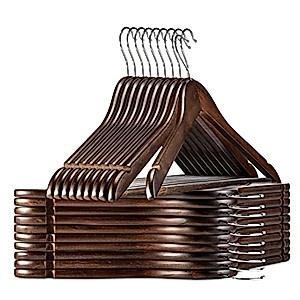 30 Pack Solid Wooden Suit Hangers with Non Slip Bar and Precisely Cut Notches - 360 Degree Swivel Chrome Hook - Vintage Finish Super Sturdy and Durable Wood Hangers