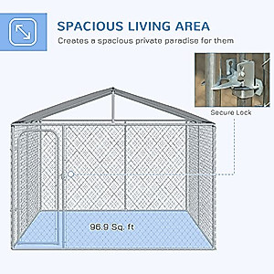 PawHut Dog Kennel Outdoor with Water-Resistant Cover, Steel Exercise Pen with Galvanized Chain Link, Outside Pet Playpen with Secure Lock, 9.8' x 9.8' x 7.7'