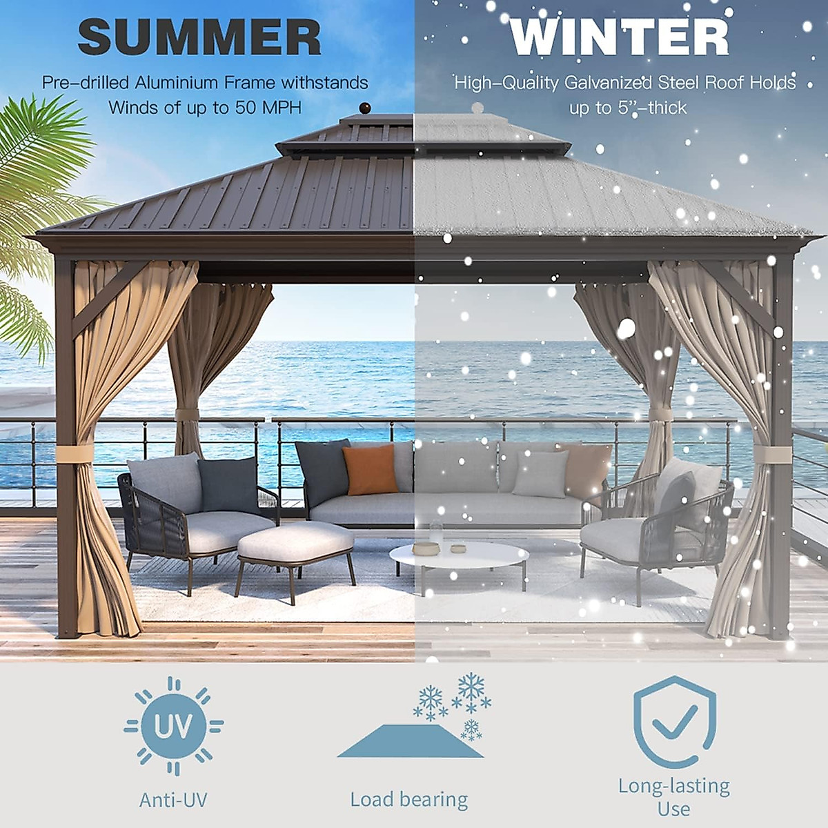 MELLCOM 12' x 14' Hardtop Gazebo, Brown Permanent Pavilion Gazebo with Curtains and Netting, Galvanized Steel Metal Double Roof Aluminum Gazebo with Aluminum Frame for Patios, Gardens, Lawns