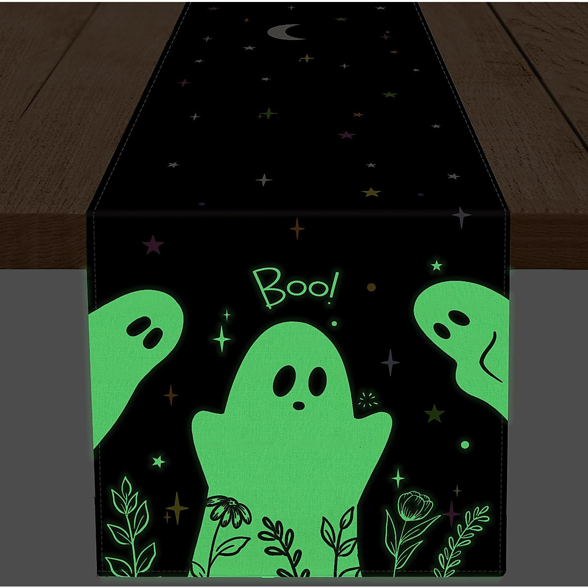 Halloween Luminous Table Runner Cute Ghost Floral Stars Noctilucent Runner Farmhouse Holiday Home Party Kitchen Dining Table Glow in The Dark Indoor Outdoor Decoration 13x72 Inch