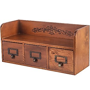 Vintage Farmhouse Wooden Desktop Cabinet with 3 Drawers - Mahogany Wood Drawer Organizer Box Display Stand - Office Study Table Storage Drawers - Tabletop Display Organizer Cabinet