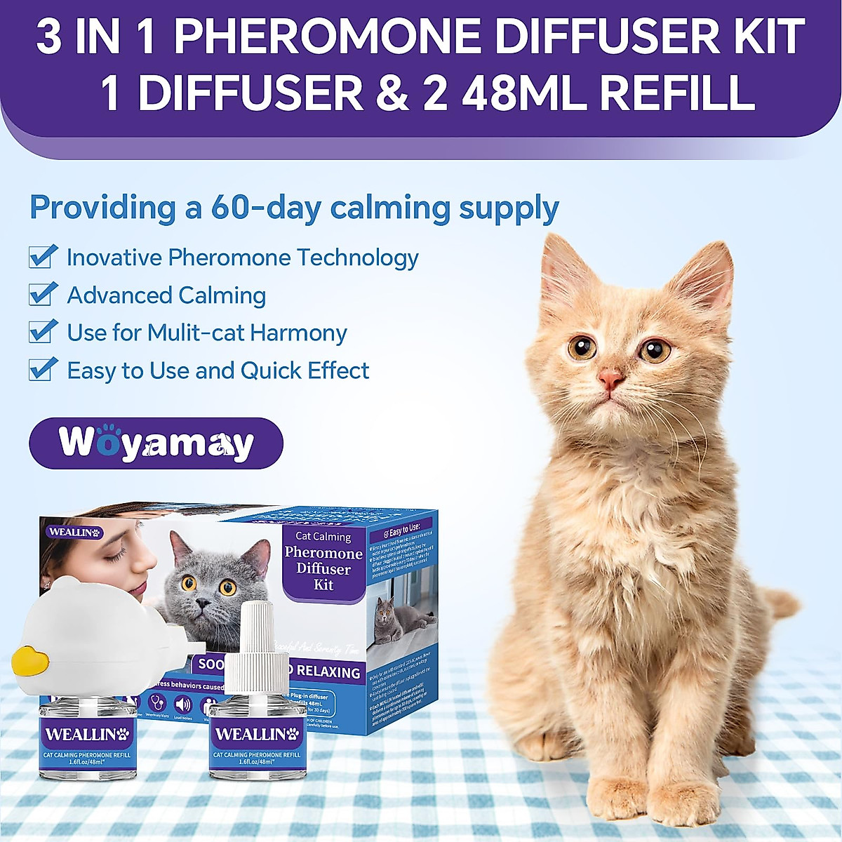 Woyamay Cat Calming Diffuser Kit - 3-in-1 Cat Pheromone Diffuser for Anxiety & Stress Relief-Includes 1 Diffuser and 2 Refill Vials (48ml Each)-Provides 60 Days of Comfort and Relaxation for Your Cat