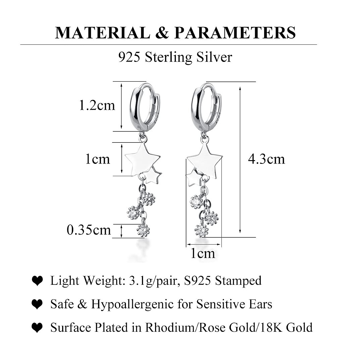 SLUYNZ 925 Sterling Silver Star Dangle Hoop Earrings for Women Star Hoop Earrings Droplet Dangle (A-Silver)