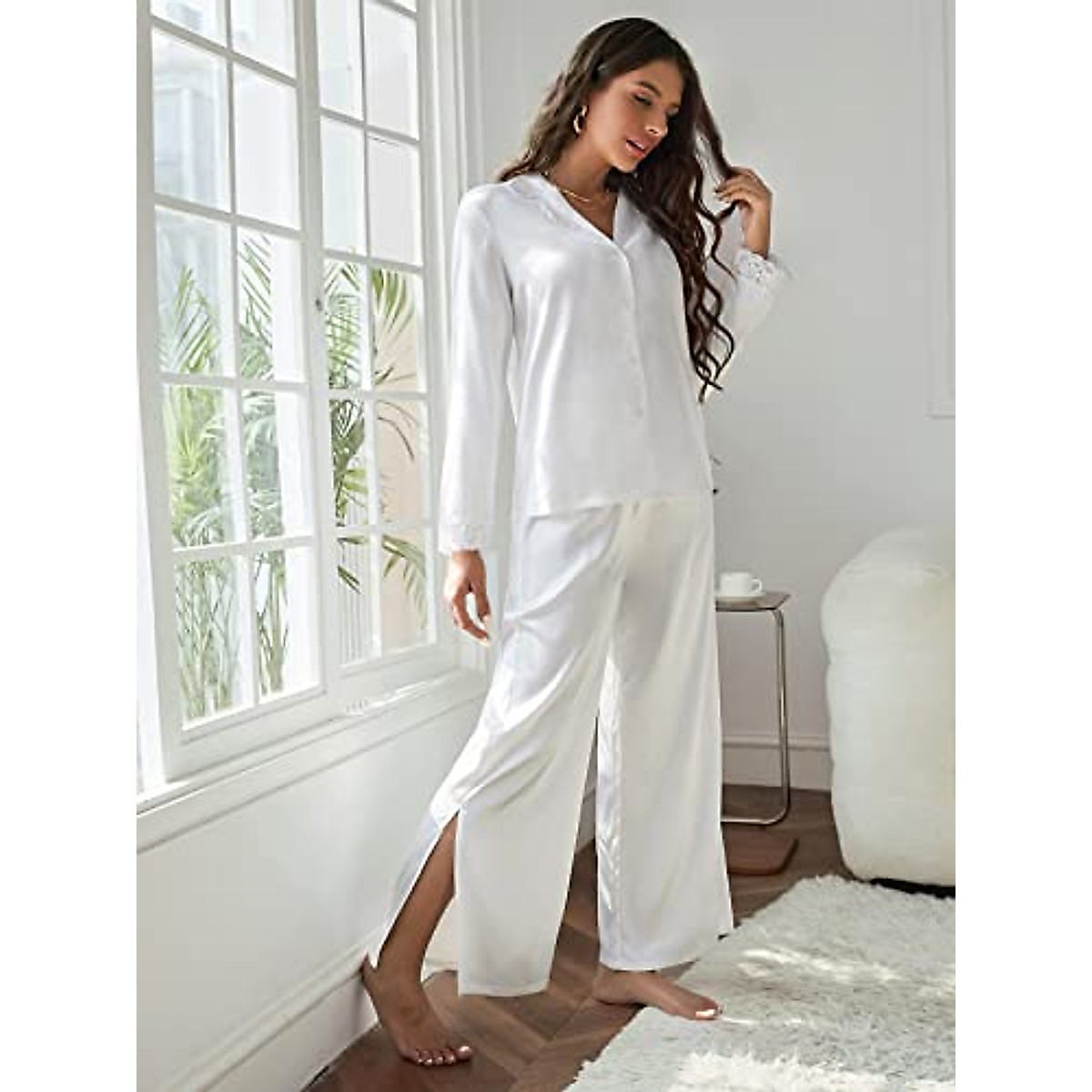 OYOANGLE Women's 2 Piece Silk Satin Pajama Set Long Sleeve Lace Button Down Shirt and Pants Sleepwear White L