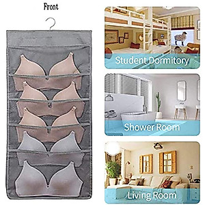 Storage hanging bag, Dual-Sided Hanging Bra Storage Organizer with Metal Hanger, Dual-Sided Hanging Storage Organiser for Underwear, Panties，Stocking,Bra and Sock (5+10 Pockets, Gray)