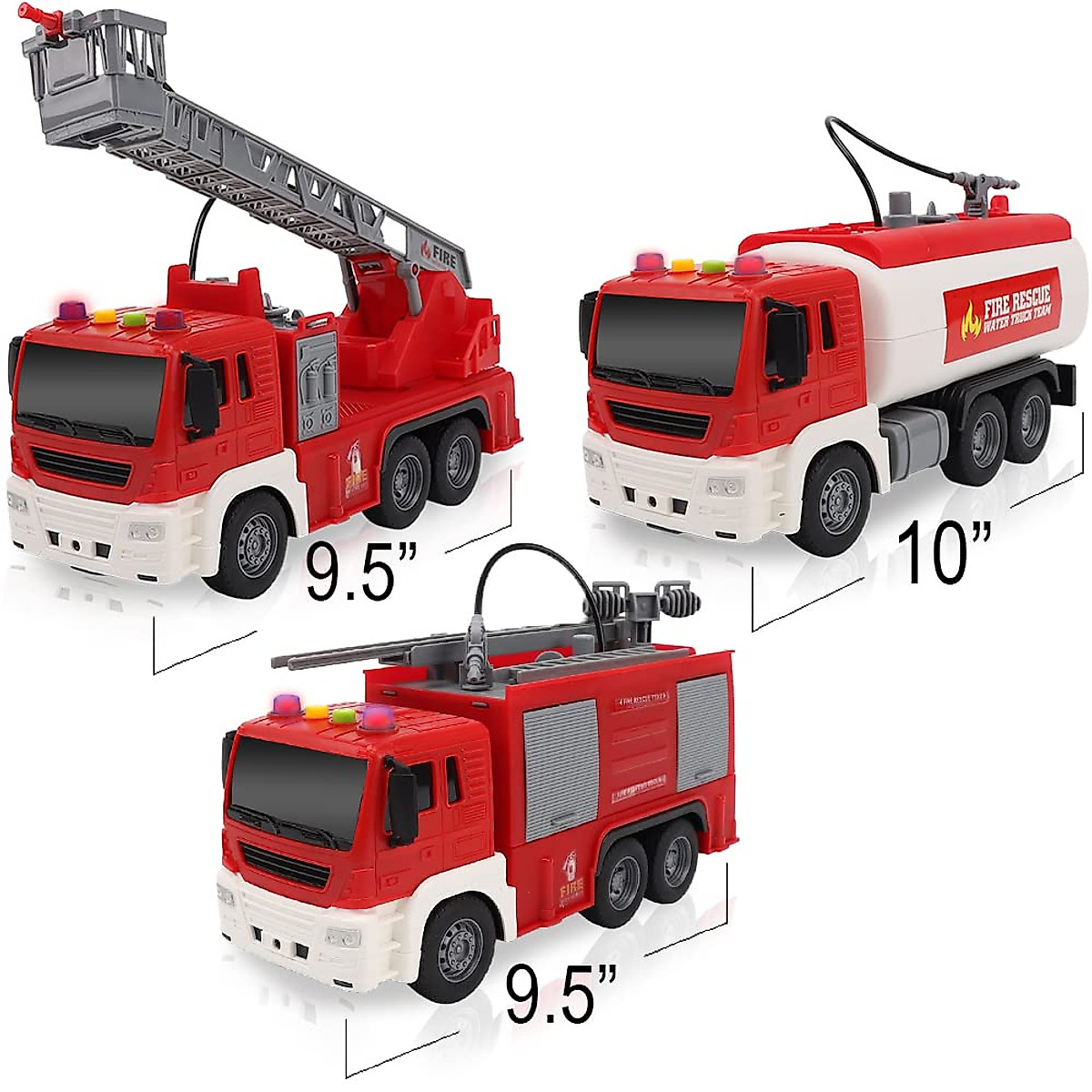 ArtCreativity Light Up Fire Trucks for Kids, Set of 3, Includes Ladder Truck, Tanker Truck, & Engine Truck, Fire Trucks with Real Water Spraying, LEDs, & Sound, Push n Go Fire Trucks for Boys & Girls