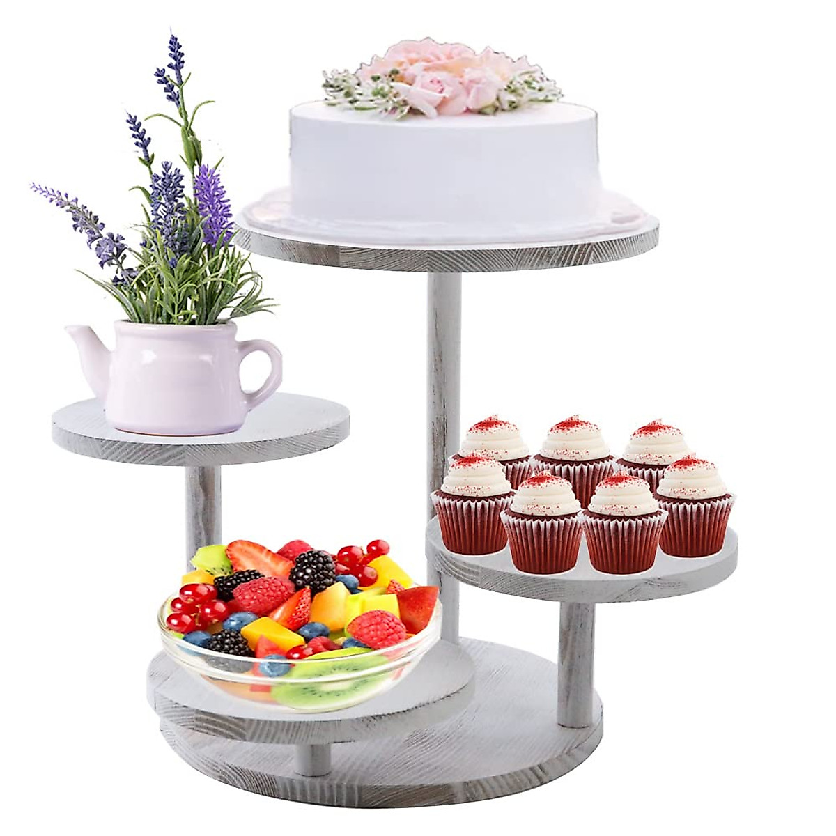 Wood Tiered Serving Trays, Wooden Display Stand Tiered Tray Stand Dessert Tray for Party, Round Serving 4 Tier Cupcake or Cake Tower Stand for Entertaining (Washed White)