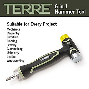 Terre Products, 6 in 1 Double Faced Hammer Tool, Small Rubber Mallet Hammer, Built-In Multi Bit Screwdriver, Ergonomic Non-Slip TPR Handle, Perfect for Crafts, Jewelry, Wood, Auto, and Flooring
