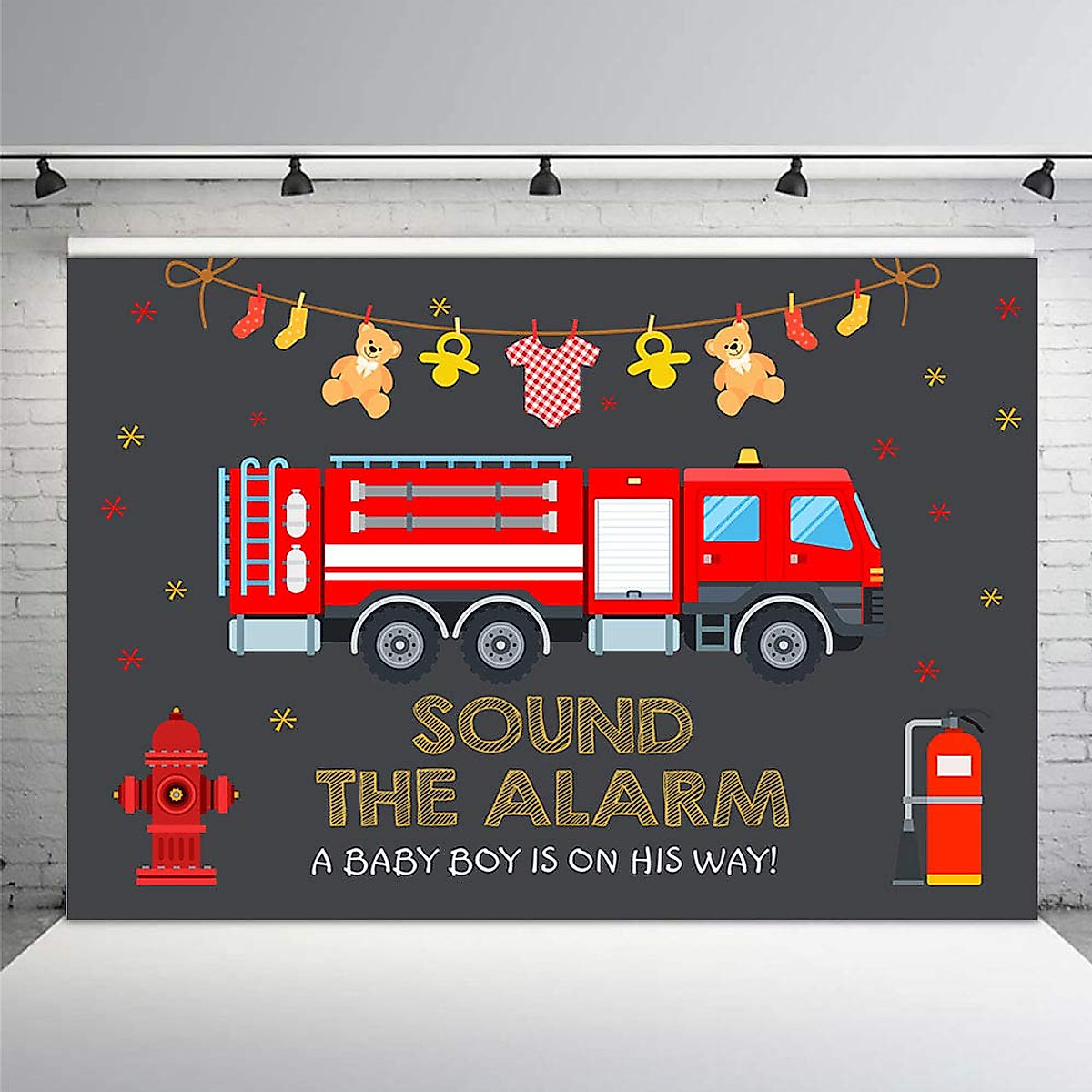 MEHOFOND Fire Truck Boy Baby Shower Photo Backdrop Firetruck Sound The Alarm Firefighter Little Fireman Red and Black Party Decorations Photography Background Banner for Dessert Table Supplies 7x5ft