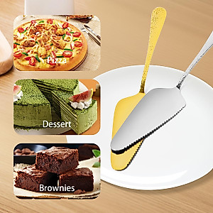 Ymeibe Stainless Steel Cake Server Pack of 10 Hammered Pie Holder Transfer Triangular Spade Spatula Serrated Edge for Pizza Cake Baking Safe in Dishwasher (Gold)