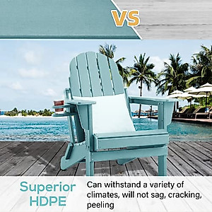 MELLCOM Folding Adirondack Chair with Cup Holder, All-Weather HDPE Fire Pit Chairs, 5 Steps Easy Installation, Widely Used in Patio, Pool Side, Deck, Backyard, Garden, Aruba Blue…