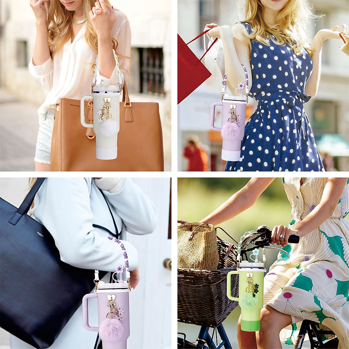 Compatible with Stanley Cup Accessories, 7pcs Tumbler Accessories for Stanley Cup 30/40 oz, Including Water Bottle Handle Strap, Cup Boot, Straw Cover, Plush Ball and Key Charm, Purple