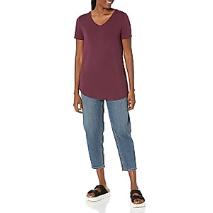 Amazon Essentials Women's Relaxed-Fit Short-Sleeve V-Neck Tunic (Available in Plus Size), Burgundy, Large