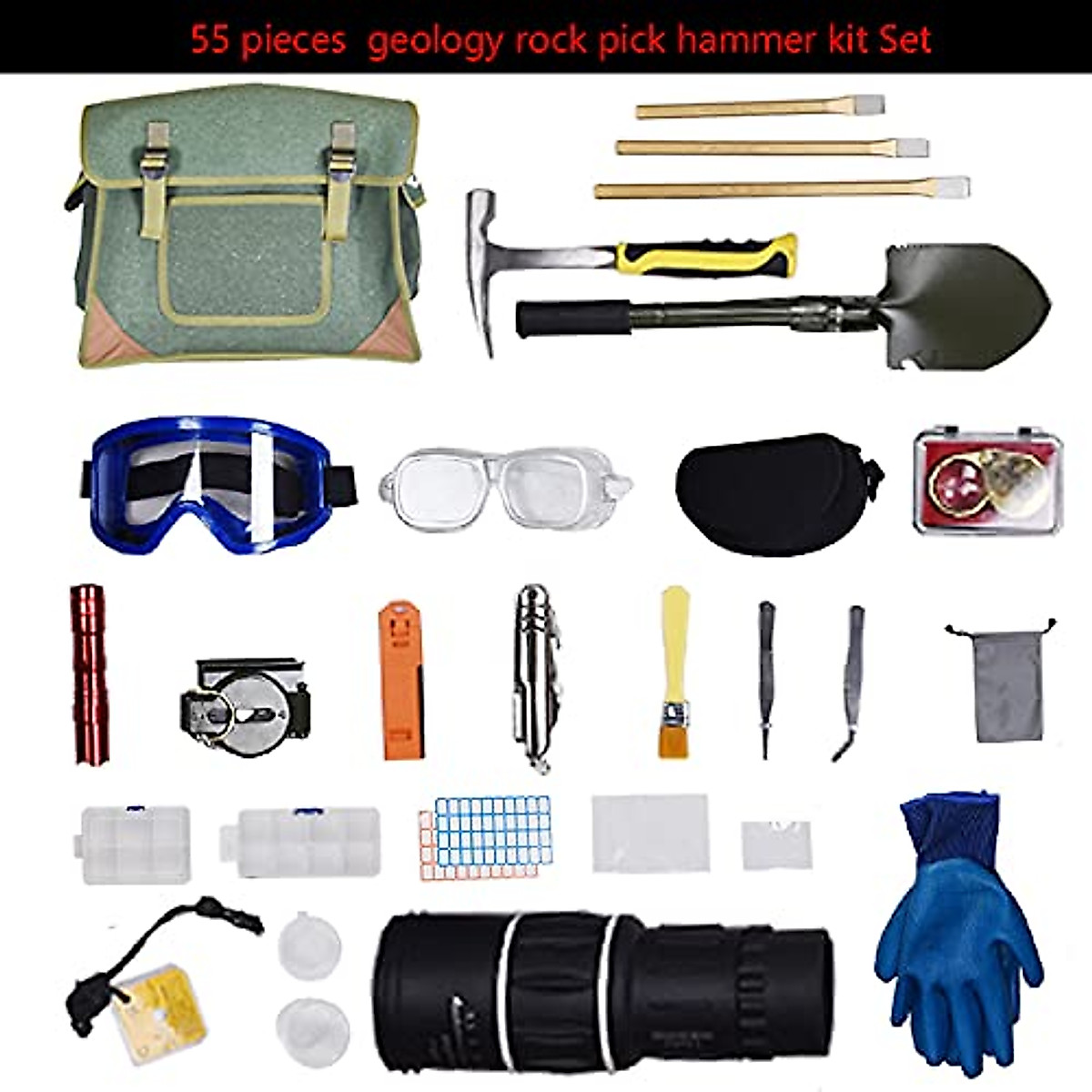 55 pieces geology rock pick hammer kit Set,for Hounding,Gold Mining & Prospecting Equipment,including an all Steel with Pointed Tip,3-Pieces Heavy Duty Chisel SetWait xxttww-00897790-000