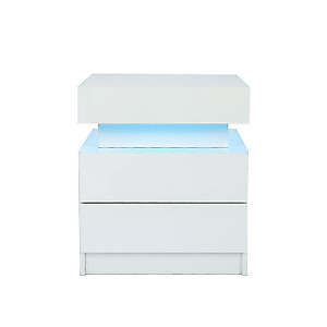 LED Nightstand Modern White Nightstand with Led Lights Wood Led Bedside Table Nightstand with 2 High Gloss Drawers for Bedroom (White)