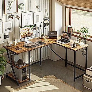 CubiCubi L Shaped Computer Desk, 59.1 inch Industrial Office Desk with Storage Shelves, Rustic Wood and Metal Corner Desk for Home Office Rustic Brown