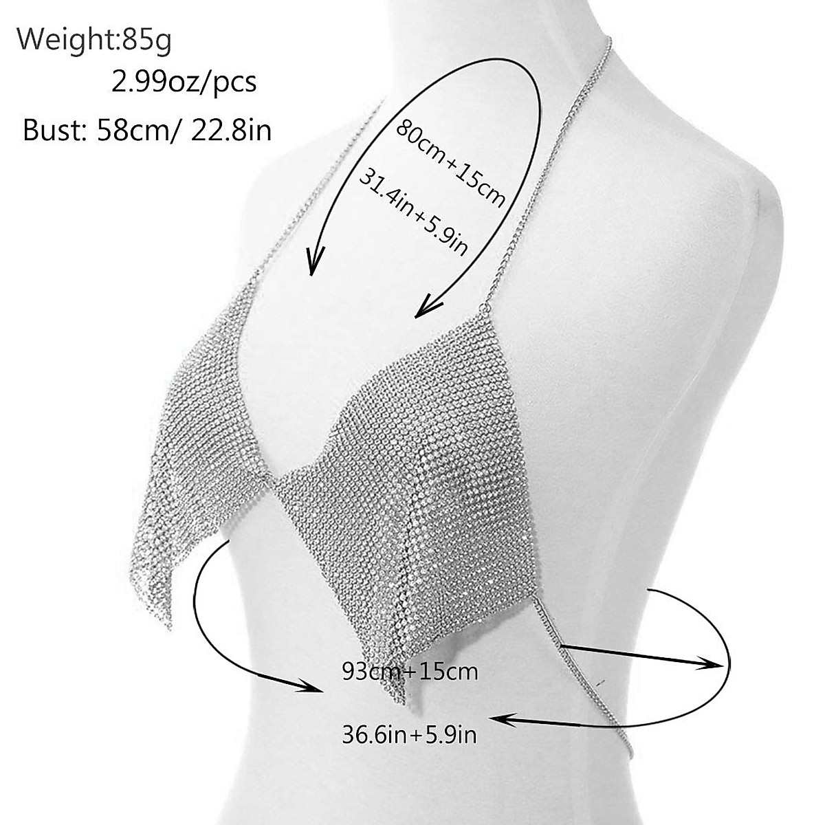 JEWEKY Rhinestone Bra Chain Top Silver Sparkly Crop Top Body Chain Beach Nightclub Rave Bikini Chest Accessories Jewelry for Women