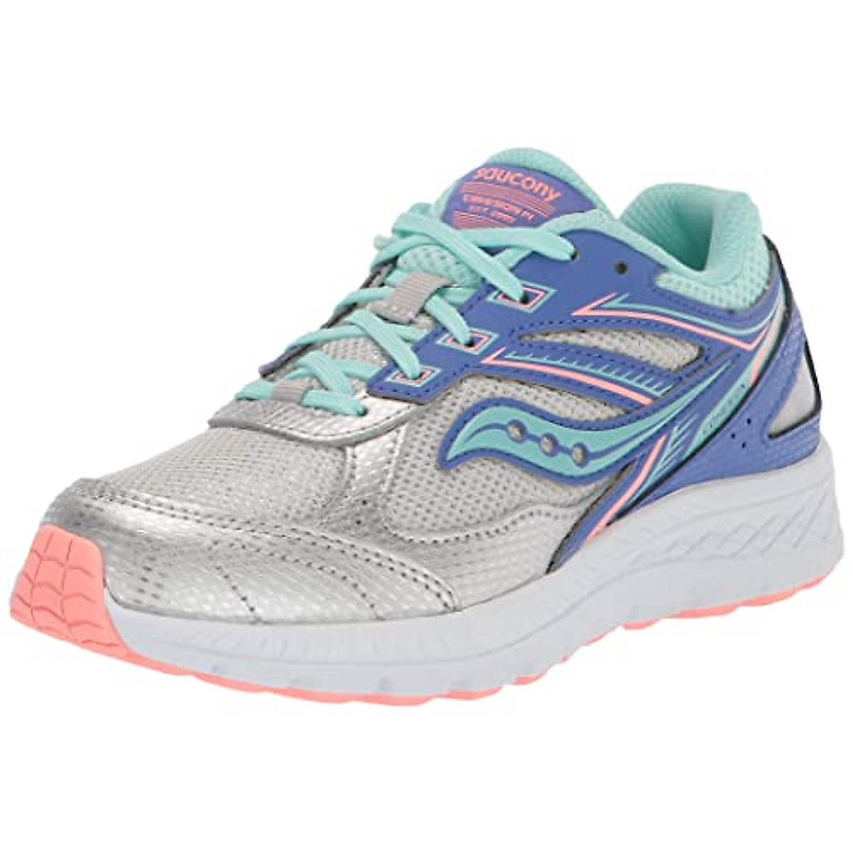 Saucony Cohesion 14 Lace to Toe Running Shoe, Silver/Periwinkle/Turq, 2 US Unisex Big Kid