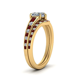 Gemsonclick Graduated Channel Setting Diamond Wedding yellow gold plated Created Ruby Heart shape Red color Wedding Engagement Birthstone Stackable Ring in Size 8