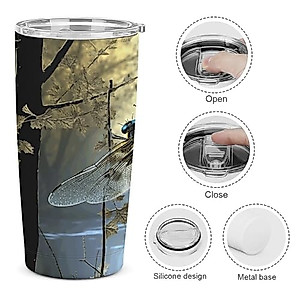 FHENMSA Stainless Steel Insulated Travel Coffee Mug,Dragonflies Print Reusable Car Cup,Thermal Cup for Outdoor with Straw And Lid