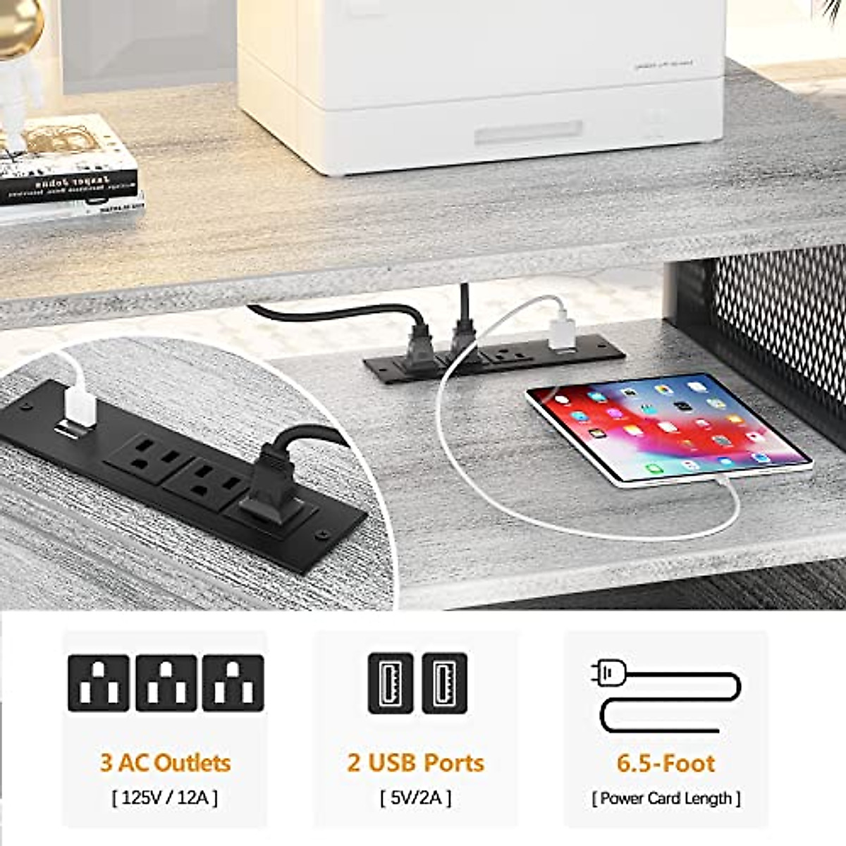 Unikito L Shaped Desk with USB Charging Port and Power Outlet and Office Lateral File Cabinet White Oak