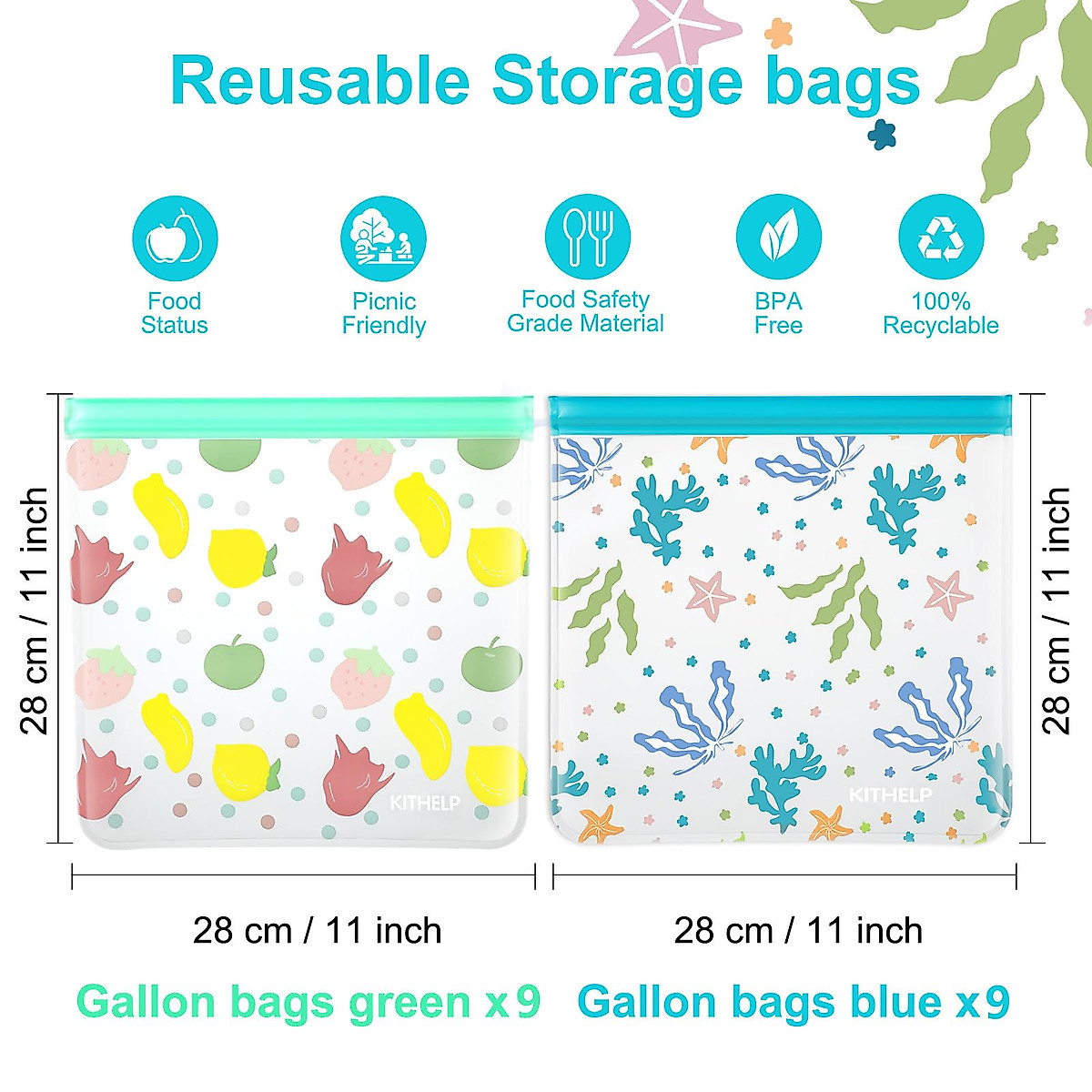 KITHELP 18 Pack Reusable Food Storage Bag, Reusable Freezer Gallon Bags BPA FREE Reusable Snack Bags Leakproof Sandwich Bags for Home Kitchen Organization and Storage Containers