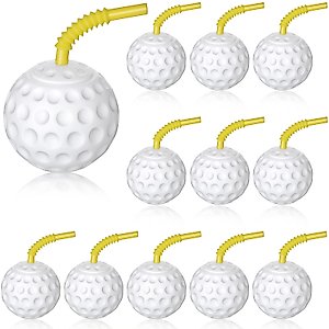 Golf Ball Cups with Lid and Straw - 14 oz Plastic Party Favors, Shaped Decorations for Drinking, Themed Parties (12)
