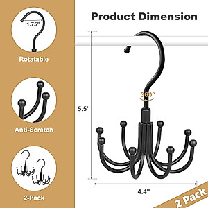 TOPIA HANGER Belt Hanger 2-Pack, 360°Rotatable Belt Organizer for Closet, Belt Rack, Accessory Organizers, Closet Storage Hook for Belt, Dog Harness, Tie, Tank Top, Bra, Purse, Scarf (8 Hooks, Black)