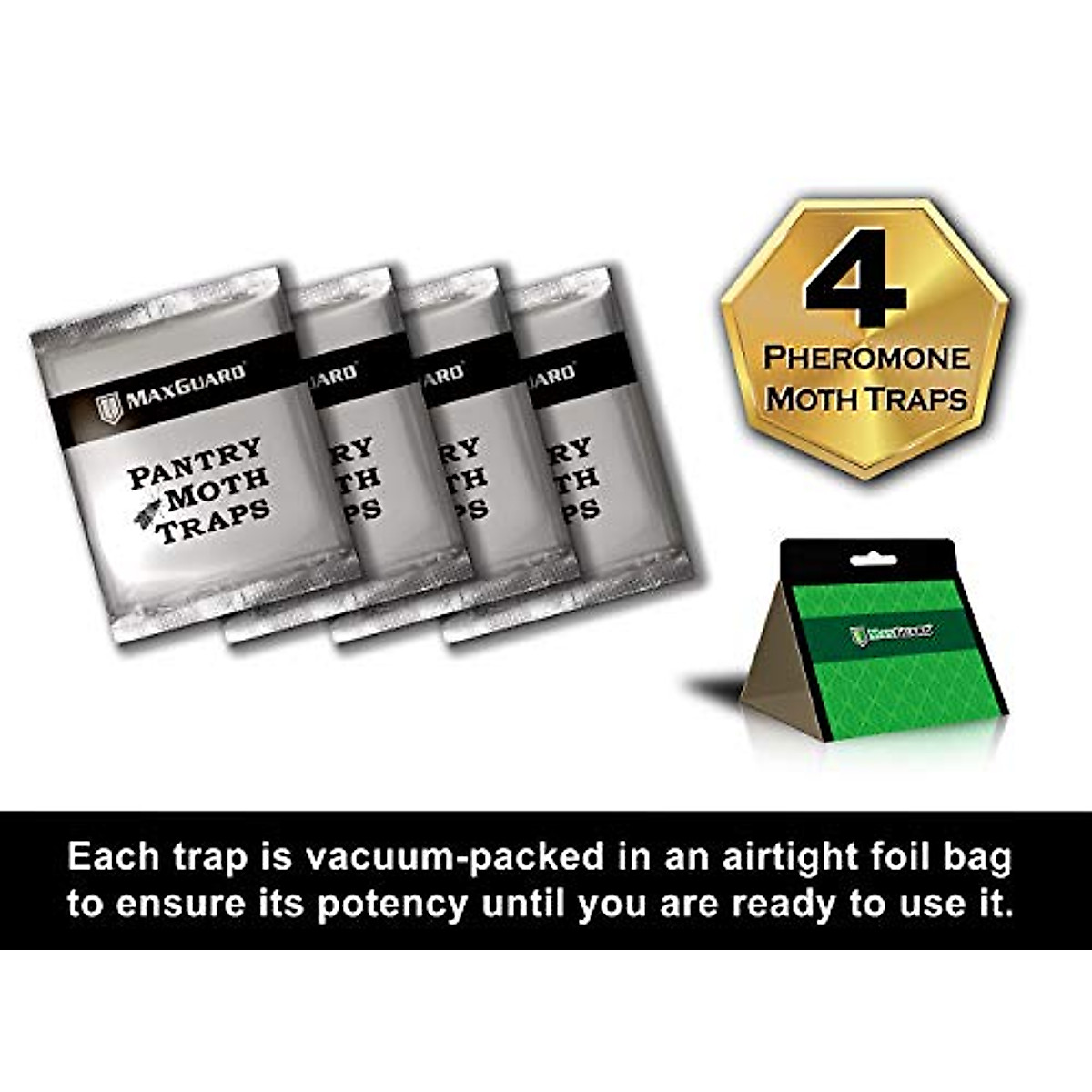 MaxGuard Pantry Moth Traps (4 Traps Trial Pack) Extra Strength Pheromones | Non-Toxic Sticky Glue Trap for Food and Cupboard Moths in Your Kitchen | Trap and Kill Seed Grain Flour Meal Moths |