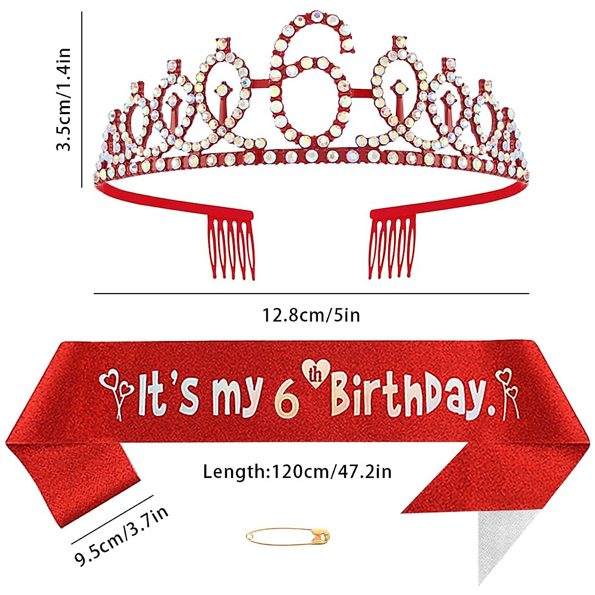 6th Birthday Decorations for Girls, Birthday Princess Crown Queen Tiara, It's My 6th Birthday Sash, 6 Year old Birthday Cake Topper, Number Candles Balloons Set for Birthday Party Supplies, Red