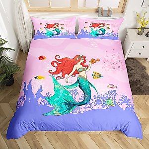 Mermaid Duvet Cover Set Twin Size,Goldfish Seaweed Cartoon Bedding Set 2pcs for Kids Teens Boys Girls Room Decor, Marine Life Comforter Cover Pink Castle Romantic Quilt Cover with 1 Pillowcase