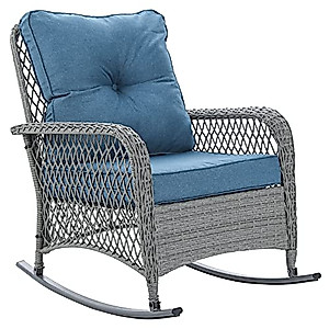 VONZOY Outdoor Rocking Chair, Wicker Patio Furniture with Thickened Cushions for Porch (Blue)