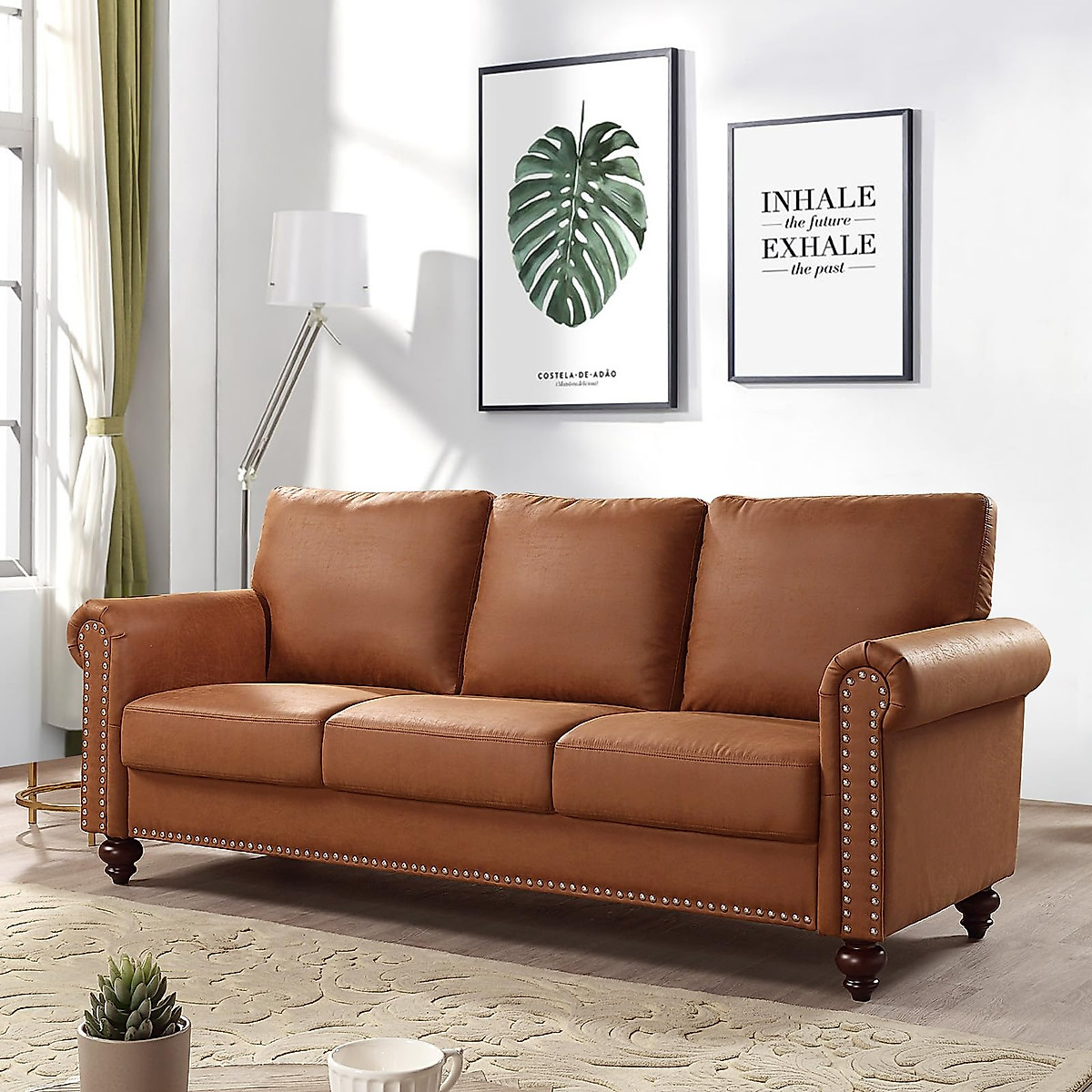80'' Brown Leather Sofa Couch with Nailhead Trim, Mid Century Modern 3 Seater Couch Comfy Sofa Loveseat Love Seat with Extra Deep Seat and Rolled Arm Couches for Living Room, Bedroom, Office