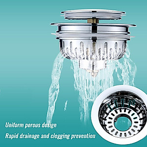 KUNMNGF Sink Stopper Bathroom Drain,Kitchen Sink Strainer,Sink Drain Stopper,Bathtub Sink Strainer Carrying Basket,Stainless Steel Kitchen Sink Bouncing Press Strainer for Kitchen,Bathroom, Silver