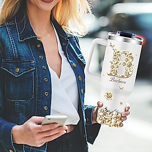 Personalized Sunflower Birthday Gifts for Women, Monogrammed 40oz Customized Tumblers Gifts with Initial Name for Grandma Mom Aunt Sister on Mothers Day, Custom Name Cups Gift for Her Female,07