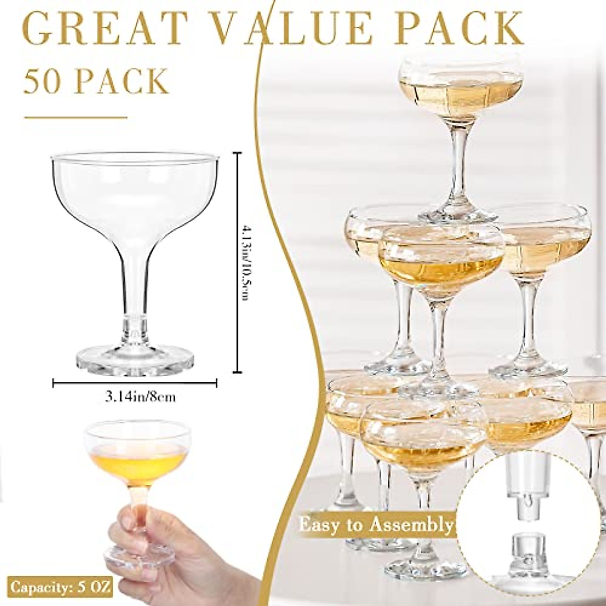 Set of 50 Champagne Glasses 5 oz Unbreakable Plastic Martini Glasses Disposable Wine Cups Stackable Stemmed Champagne Coupe Shatterproof Party Stem Cups for Wedding Birthday Home Bar Margarita