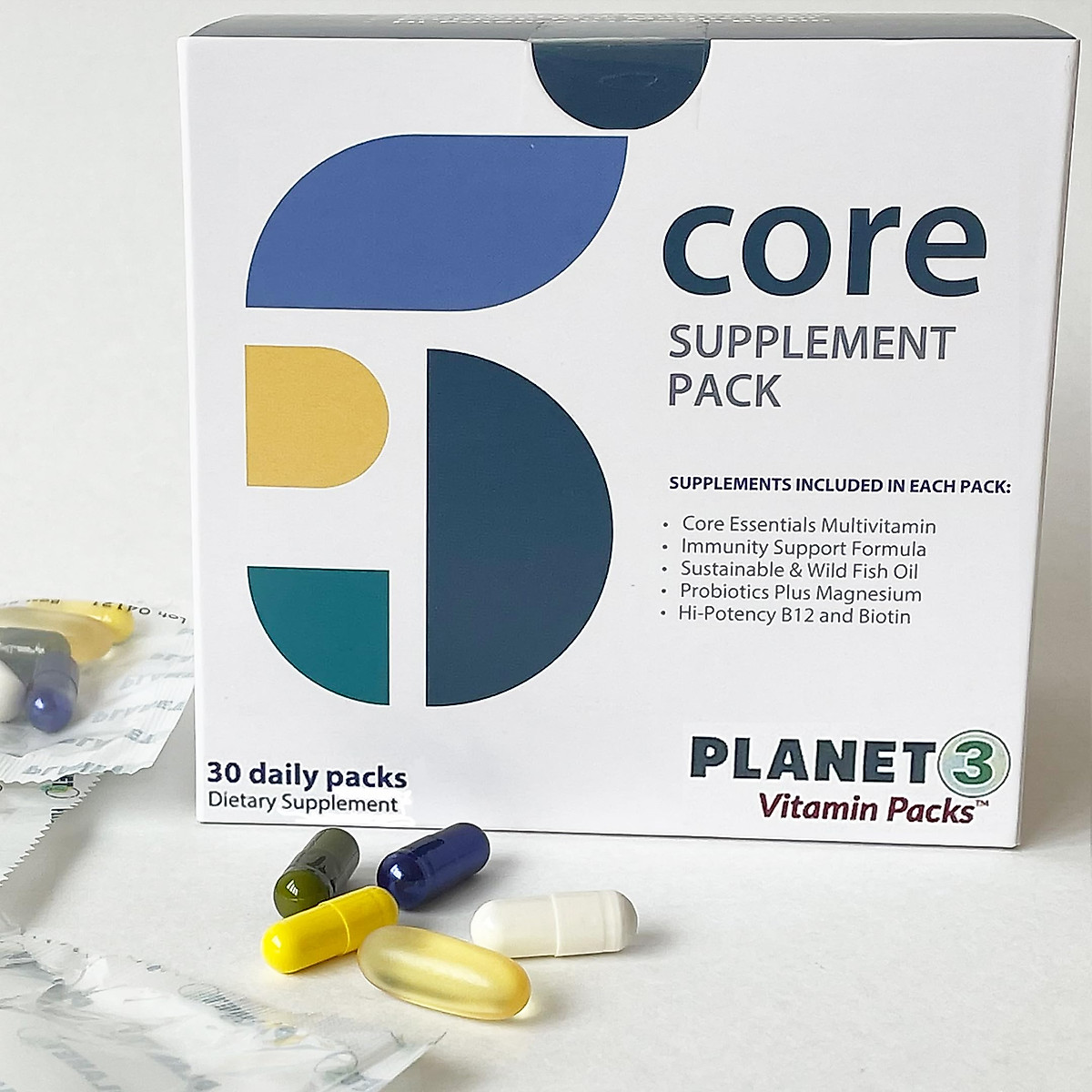 Planet 3 Vitamin Packs, Energy, Immune & Heart Support with Multivitamin, Vitamin D, Probiotics, Biotin, B12, Omega 3, Lutein - Daily Vitamins for Both Men & Women, Core Supplements, 30 Daily Packs