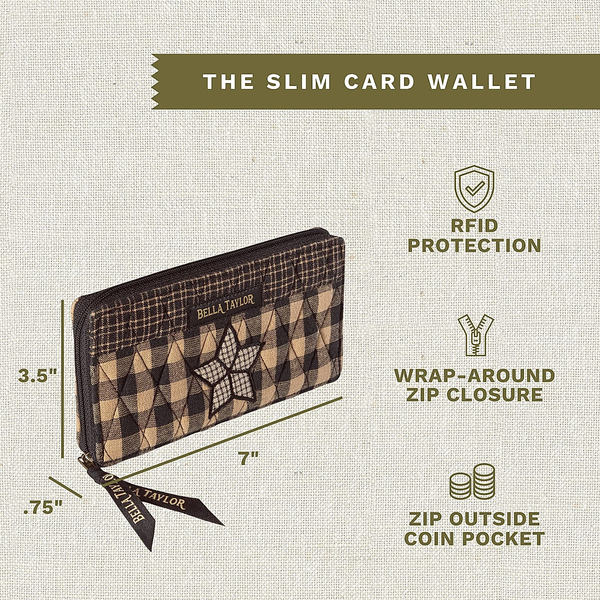 Bella Taylor Slim Card Wallet for Women | Multi Card Zip Around Wallet with RFID Protection | Quilted Cotton Farmhouse Star Black and Tan Cotton Check