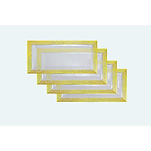 Yumchikel-Elegant Plastic Serving Tray & Platter Set (4pk) - Clear & Gold Rim Disposable Serving Trays & Platters for Food - Weddings, Upscale Parties, Dessert Table, Cupcake display - 7.5 x 14 inches