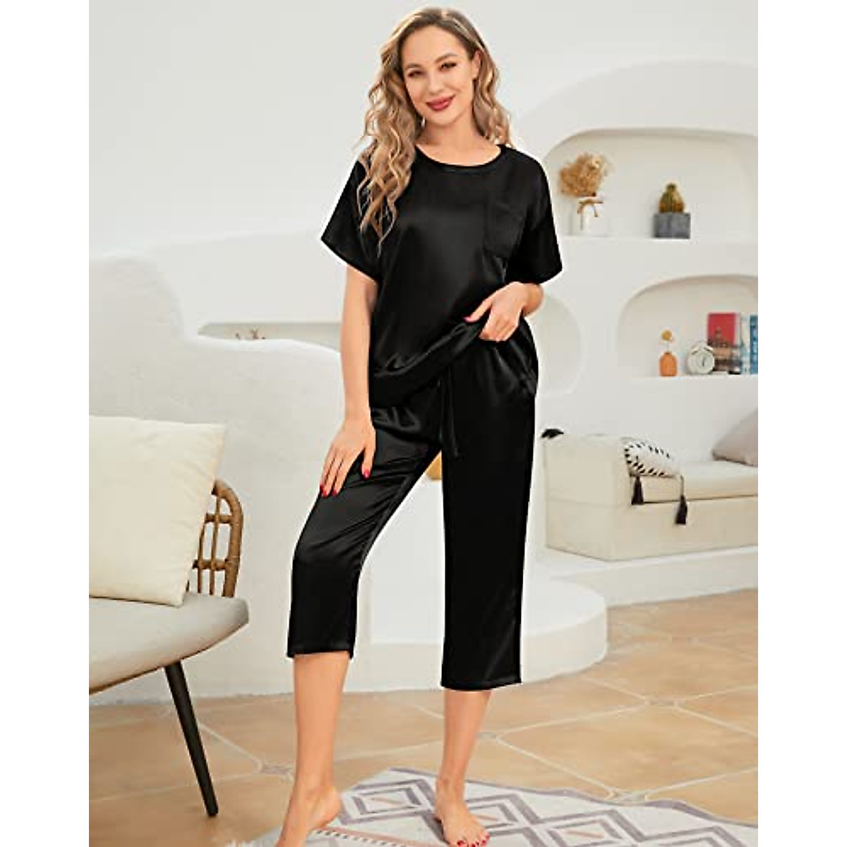 SWOMOG Womens 2 Piece Satin Pajamas Silk Short Sleeve Pjs Sets Capri Bottom Pajama Pants Soft Outfits with Pockets Black
