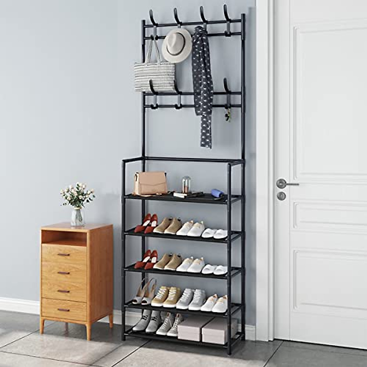 Shoe Rack For Closet,Shoe Organizer With Hat Bag Coat Hanger Racks,Entryway Stand Shelf For Shoes Storage And Organization, 5 tiers (60cm)