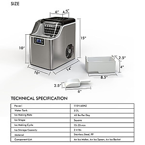 KOTEK Ice Maker Machine Countertop, 40lbs/24H Portable Ice Maker with Auto Self-Cleaning, 2 Ways to Add Water, 24 Ice Cubes in 13 Min, with Ice Scoop & Basket, for Home Office Bar