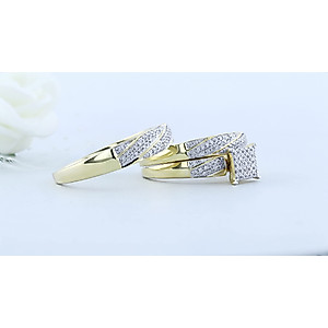 Dazzlingrock Collection 0.36 ctw Round White Diamond Square Head Trio Ring Set in 18K Yellow Gold Plated Sterling Silver, Women Size 7 & Men Size 10